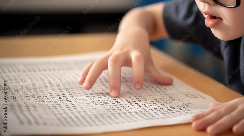 blind child running fingers across braille book page with school ...