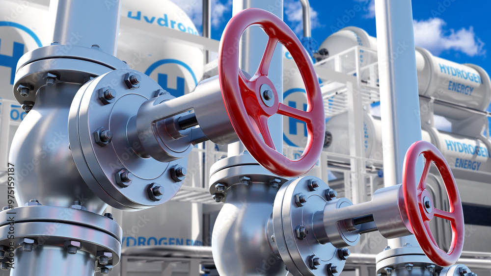 Hydrogen energy. Steel pipes with h2 gas. White high-pressure tanks on ...