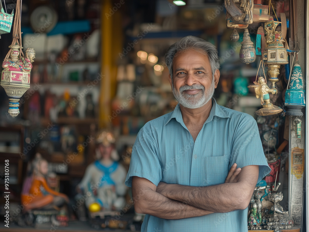 Proud Indian Business Owner Smiling at His Shop Entrance Stock Photo ...