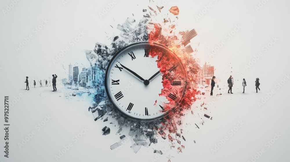 An abstract concept of time management with a clock splitting into work ...