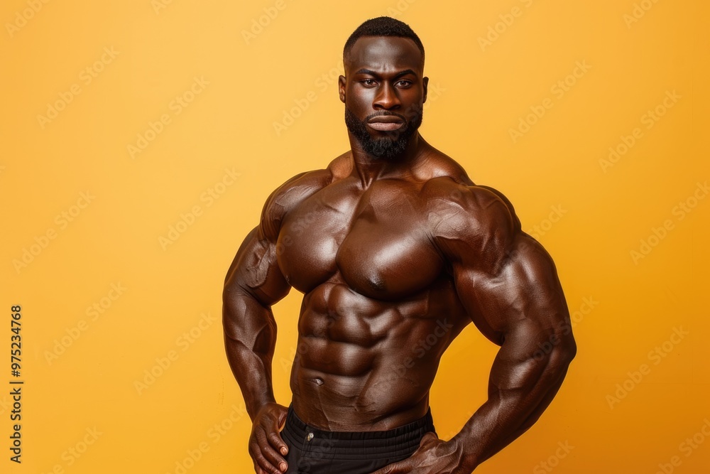 Fit man with a muscular build confidently standing against a solid ...