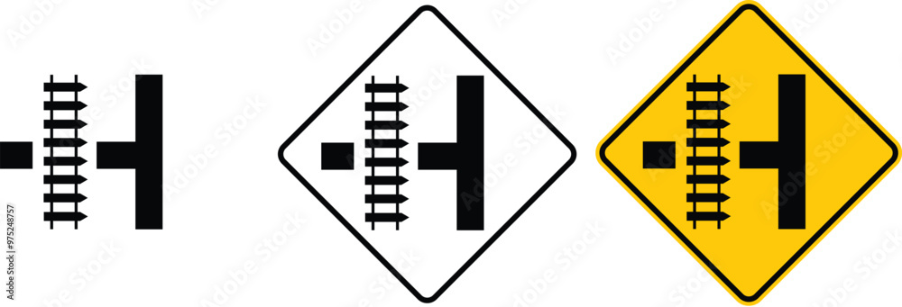 icon Railway crossing on next side road ahead sign yellow outline ...