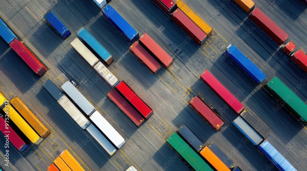 Birds-eye view of a distribution center with trucks loading and ...