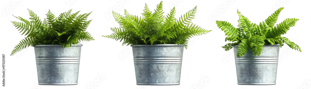 Potted Ferns in Metal Containers From Top View, Side View, and Macro ...