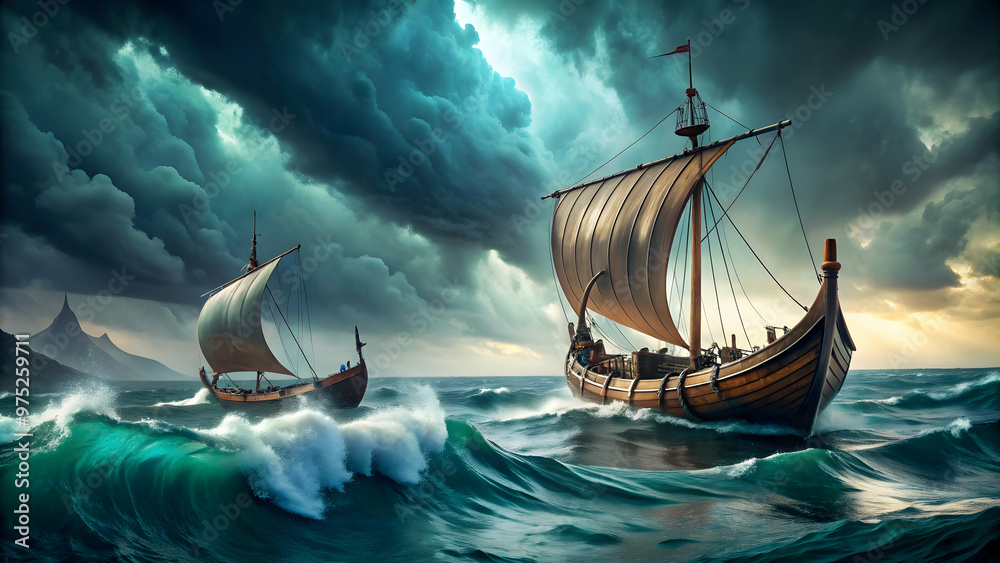 Viking ships battling stormy seas, Vikings, ships, storm, sea, battle ...