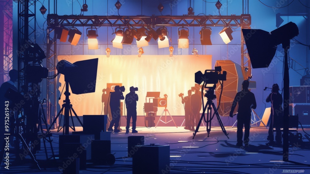 An illustrated movie set with a detailed backdrop, lighting rigs, and ...