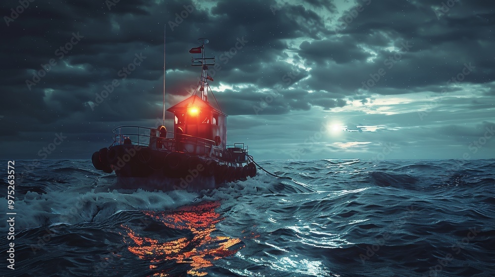 A lone tugboat navigates the choppy waters under a stormy night sky ...