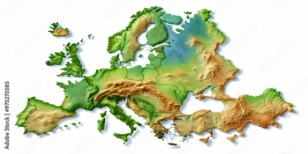 Europe map with detailed terrain relief on white background, perfect ...