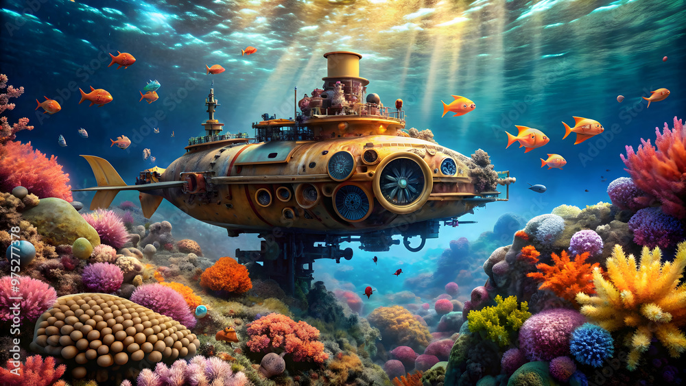 Steampunk submarine exploring vibrant coral reef, steampunk, submarine ...