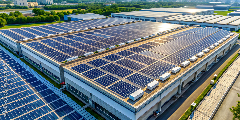Top view of solar panels on a warehouse factory roof producing ...