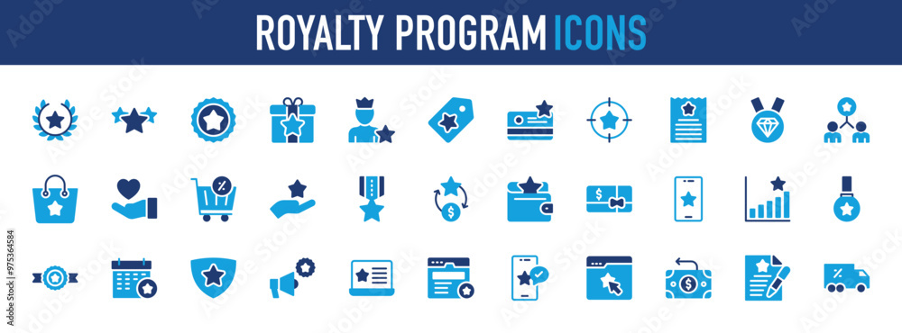 Royalty Program icons set. Wreath, Three Stars, Army, Vip Person ...
