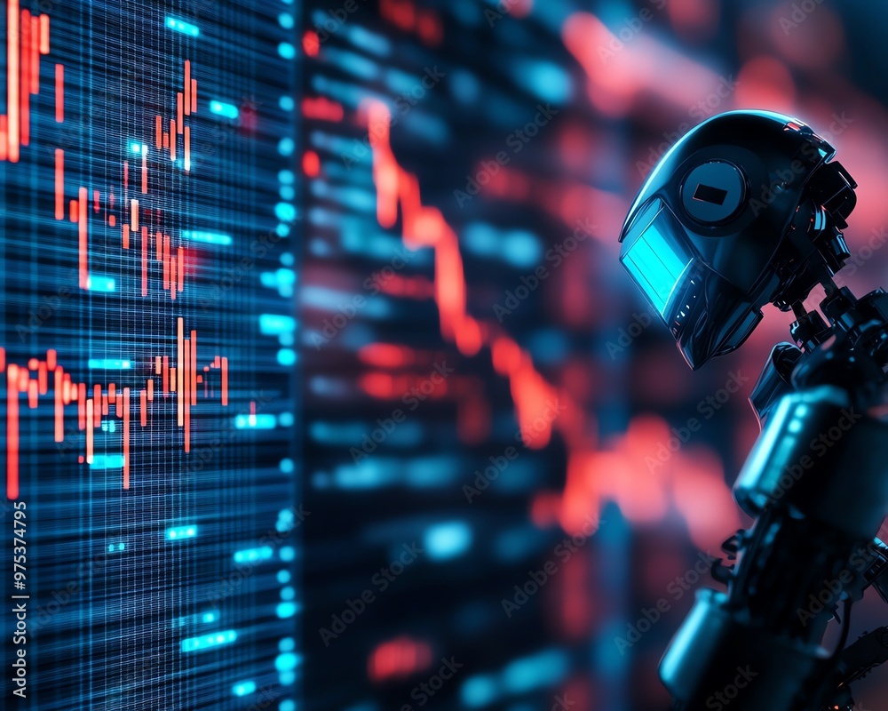 Stock market charts and robot algorithm codes floating in a digital ... Stock market charts and robot algorithm codes floating in a digital ...