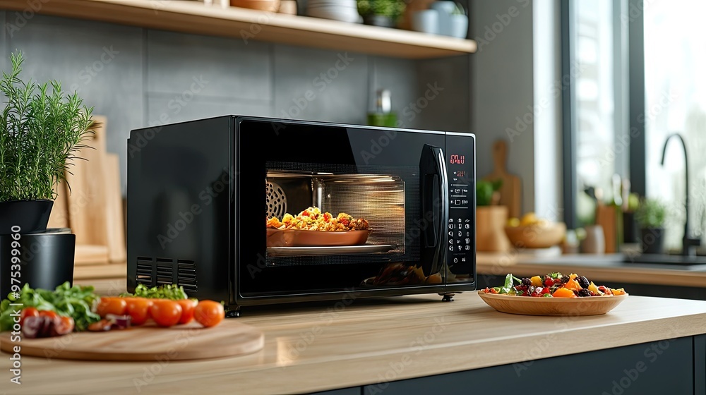 A sleek microwave oven in a modern kitchen, displaying its digital ...