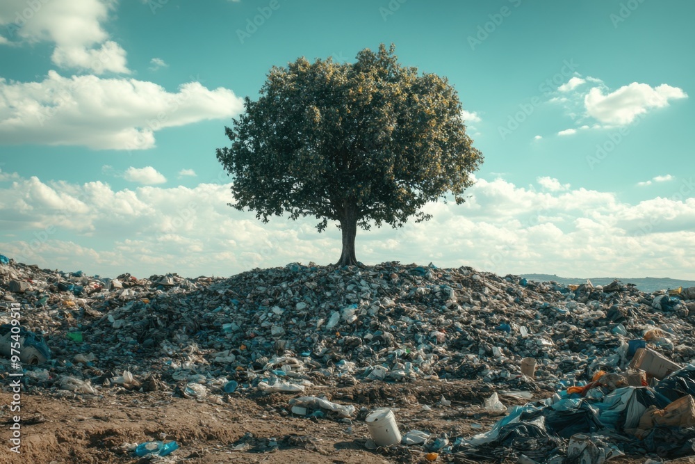 A dying tree in a barren landscape, surrounded by industrial waste and ...
