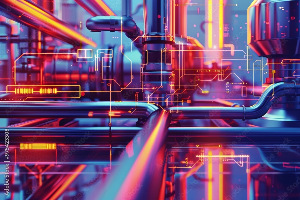 Vibrant pipeline system visual with neon lights and digital overlays ...