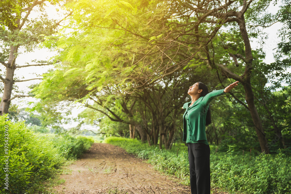 confident asian woman embraces self-love, standing peacefully in serene ...
