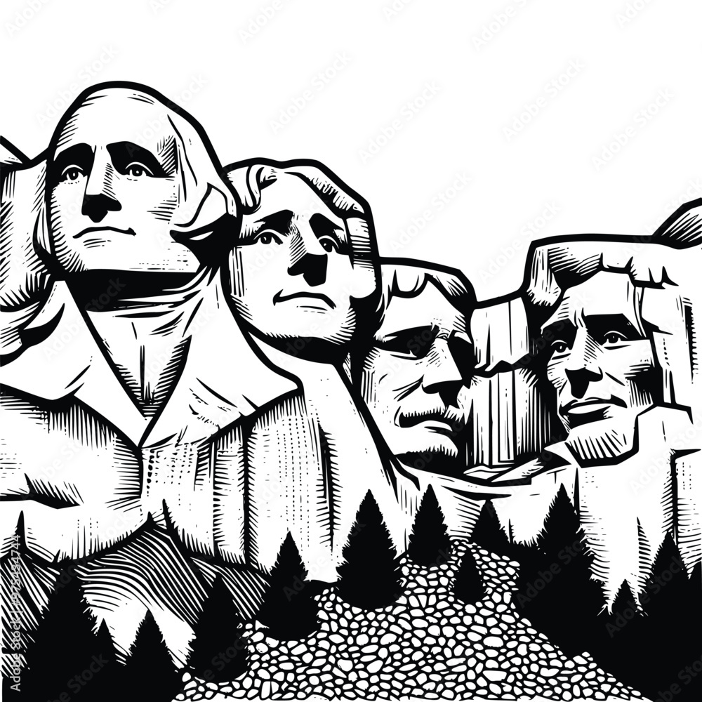 hand drawn illustration of Mount Rushmore. black and white Mount ...