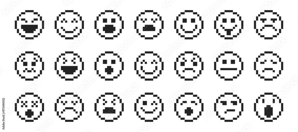 Set of smile icons. Pack of pixelated emoji icons. Emoticons pixel art ...
