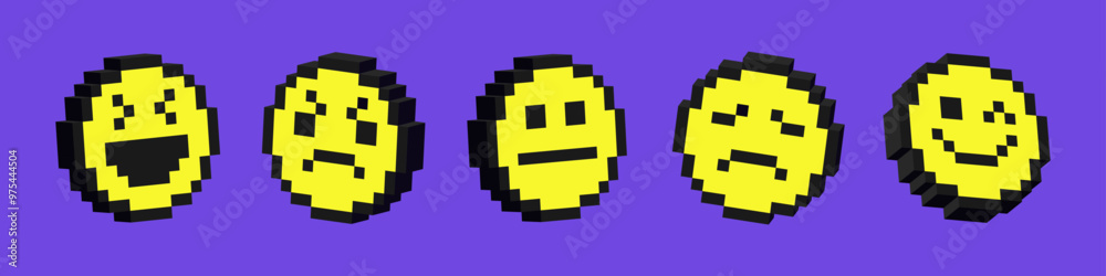 Set of 3d smile icons. Pack of pixelated emoji icons. Emoticons pixel ...