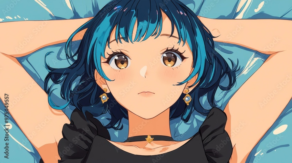 A vibrant anime girl lounges on a bed, her blue hair flowing and brown ...