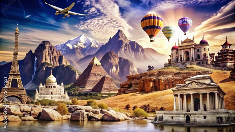 A collage of famous landmarks around the world, including the Eiffel ...