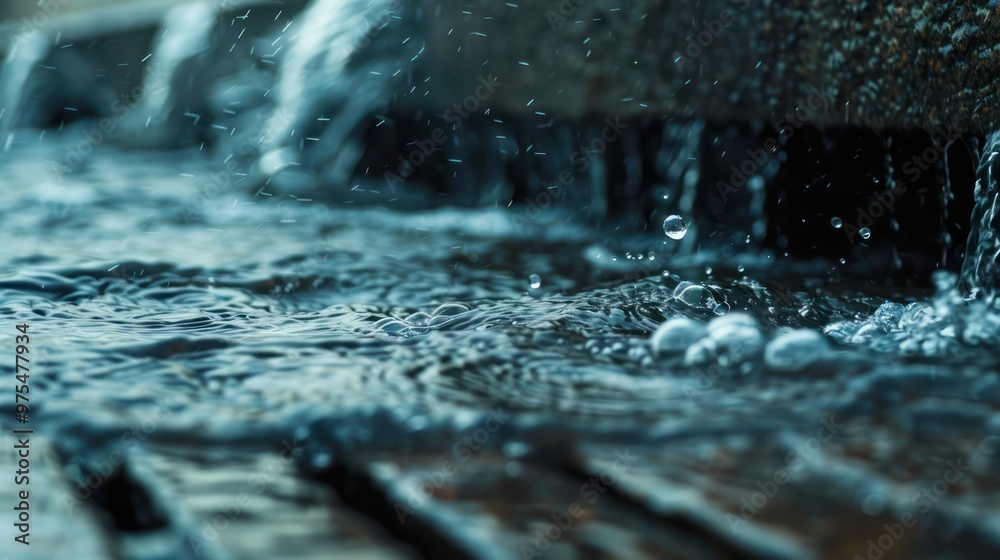 Rainwater flowing into city storm drain from downpipe in urban setting ...