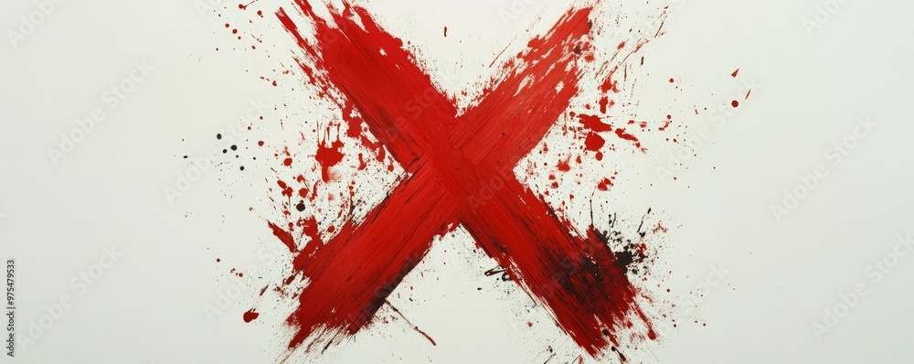 Red paint splatter forming an X on white background, abstract art ...