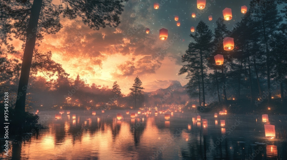 Beautiful dreamland with glowing pastel forests, serene lakes, and ...