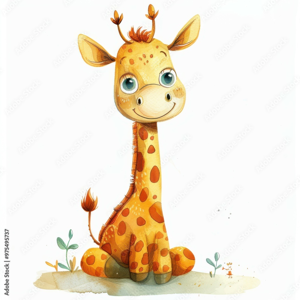 watercolor clipart of cartoon style nursery cute giraffe on white ...