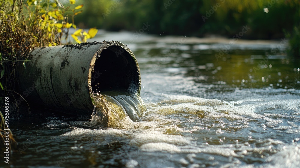 Industrial sewage pipe leaking polluted water into a river ...