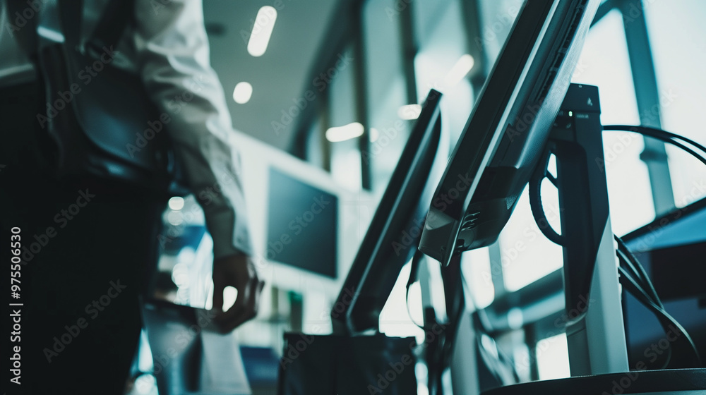 Border control officer scanning passport with electronic reader at ...