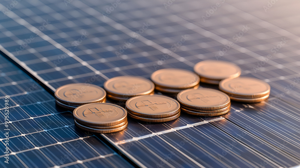 Solar Energy Investment: Gold Coins on Solar Panel - Sustainable Future ...
