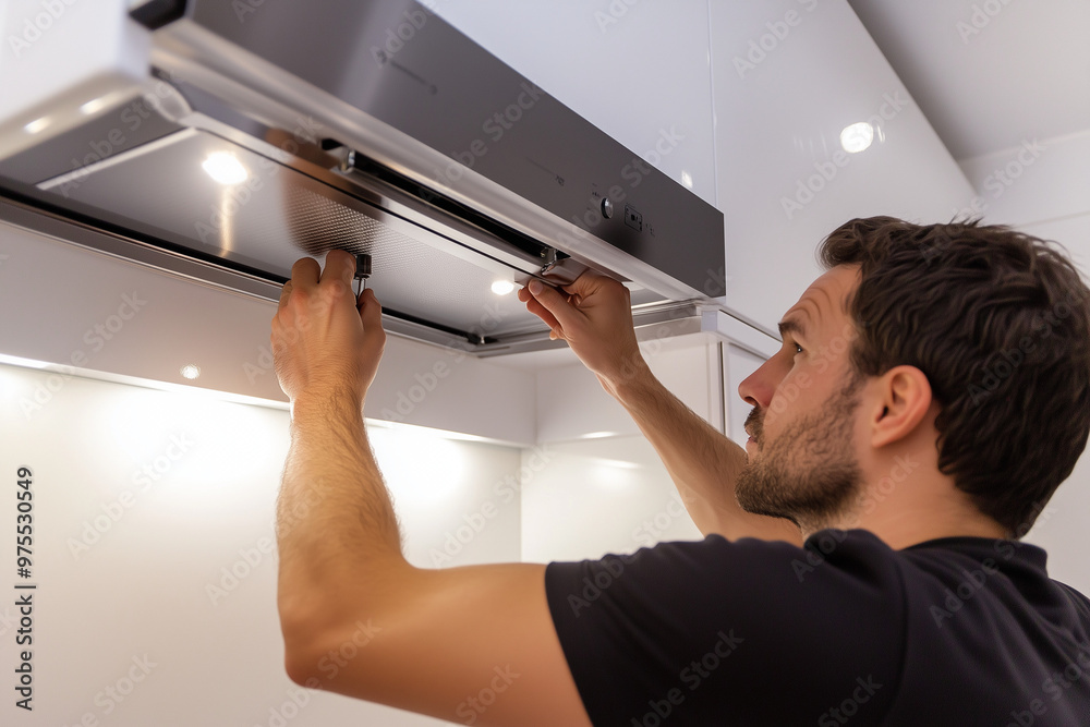 Professional technician installing a modern range hood in a kitchen ...
