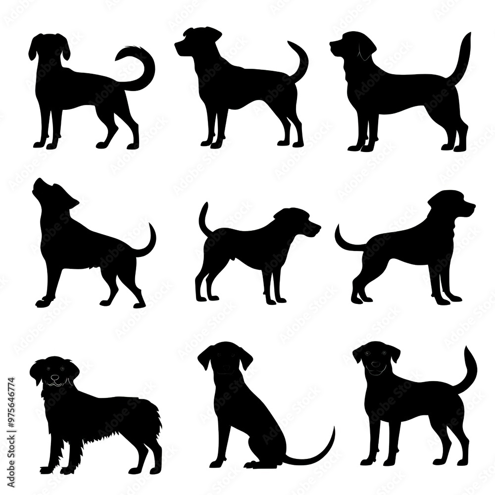 Silhouettes of Standing Dogs in Various Poses. icon design. on white ...