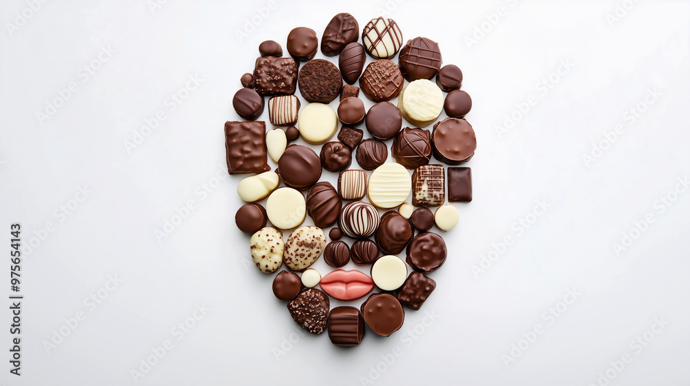 An array of chocolates arranged in the shape of a human head. various ...
