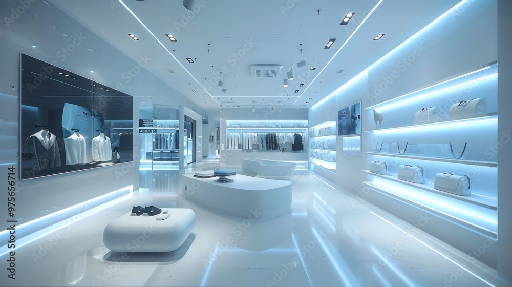 Bright and spacious modern retail store interior featuring a minimalist ...