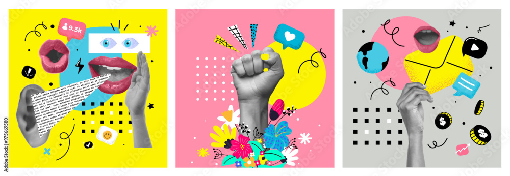 Digital Marketing. Contemporary art collage made of shots of hands and ...