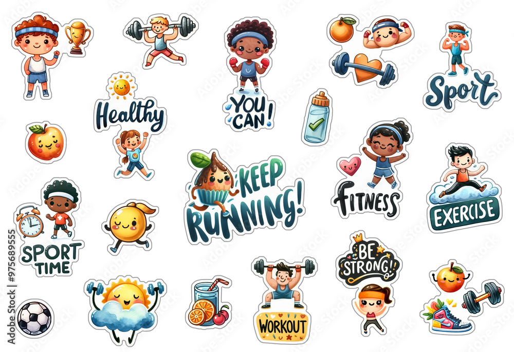 Fitness stickers set, cartoon kids clipart for planners, motivational ...