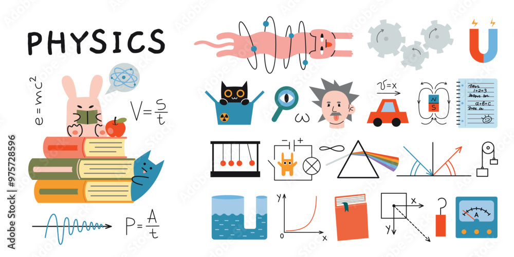 Physics lesson at school. Physics formulas, drawings, equipment for ...