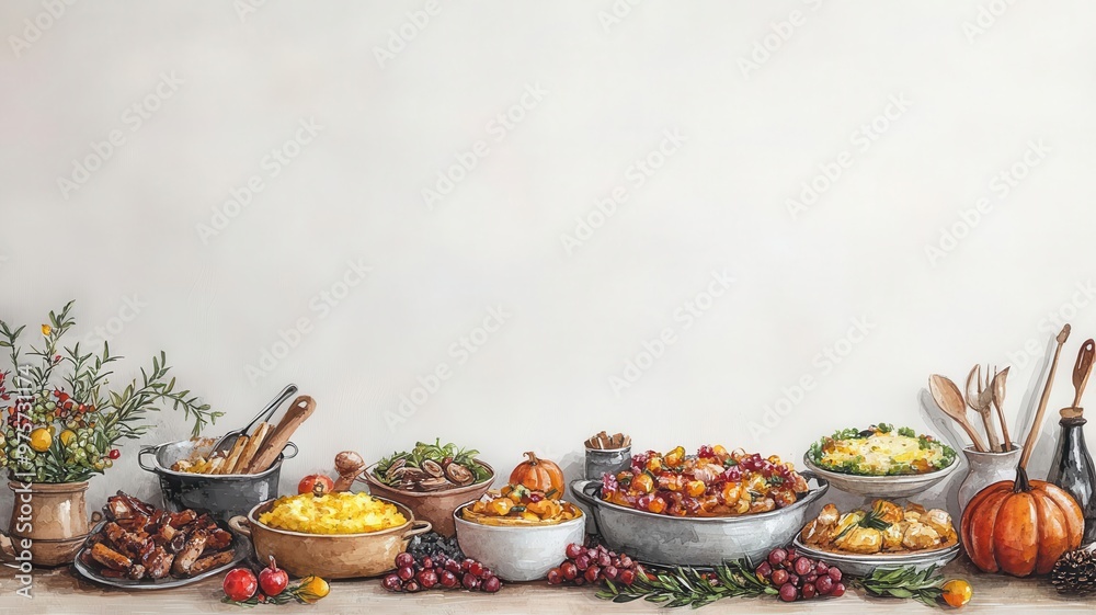 Watercolor of a Thanksgiving potluck feast, with friends and family ...