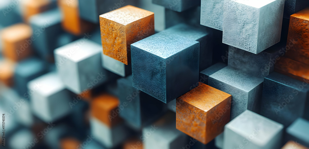 Abstract composition of cubes in various textures and colors, creating ...