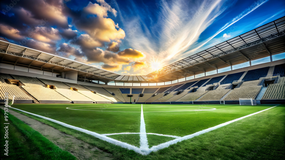 Vast stadium, dramatic clouds, lush field, corner flag, urban setting ...