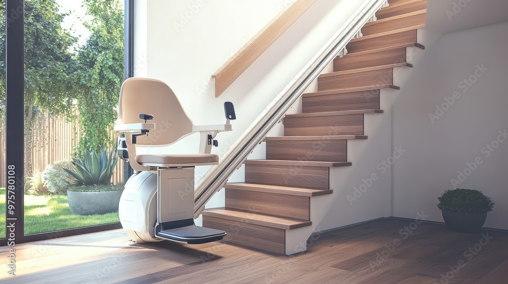 A sleek, modern stair lift installed along a staircase, showcasing ...