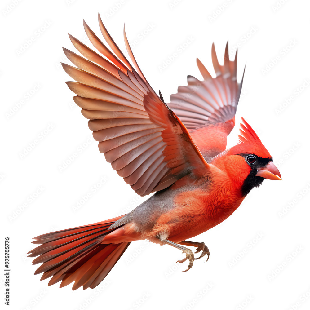 Red Cardinal Bird in Flight with Outstretched Wings, isolated on white ...