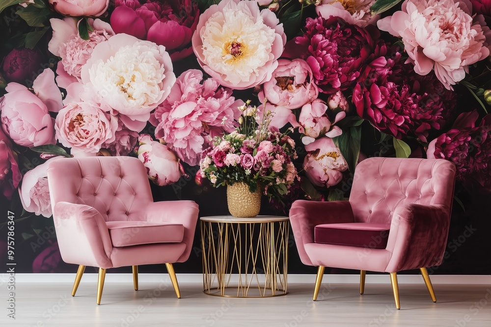 modern lounge area featuring plush pink velvet chairs, a sleek gold ...