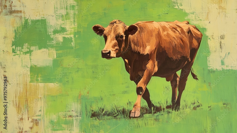 The brown cow is captured mid-step on a vibrant green background ...
