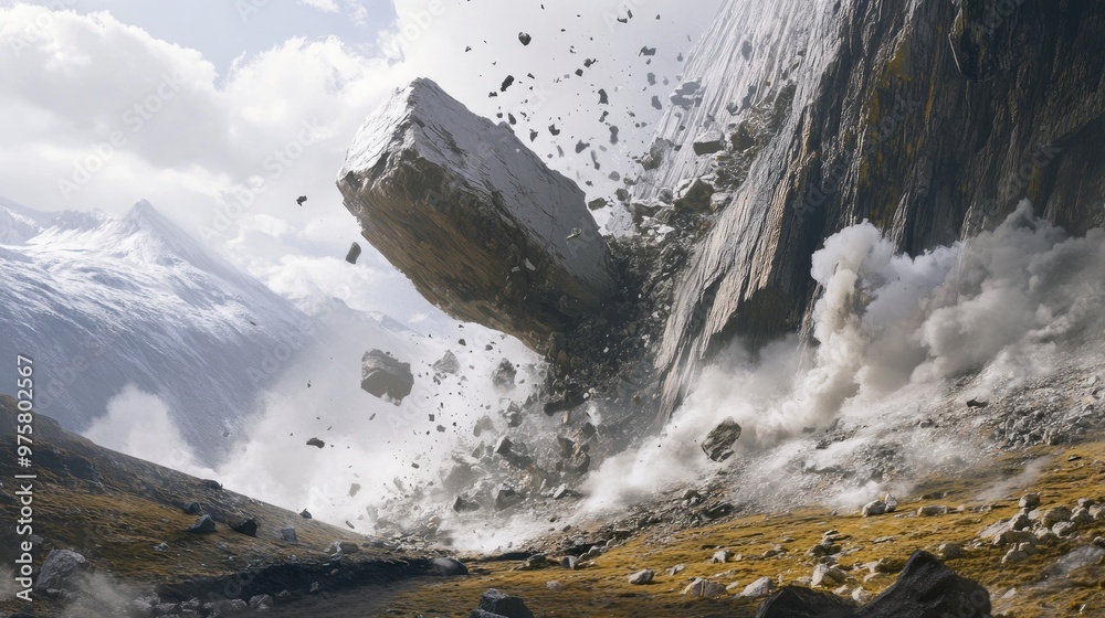 Massive rocks breaking away from a mountain cliff due to a landslide ...
