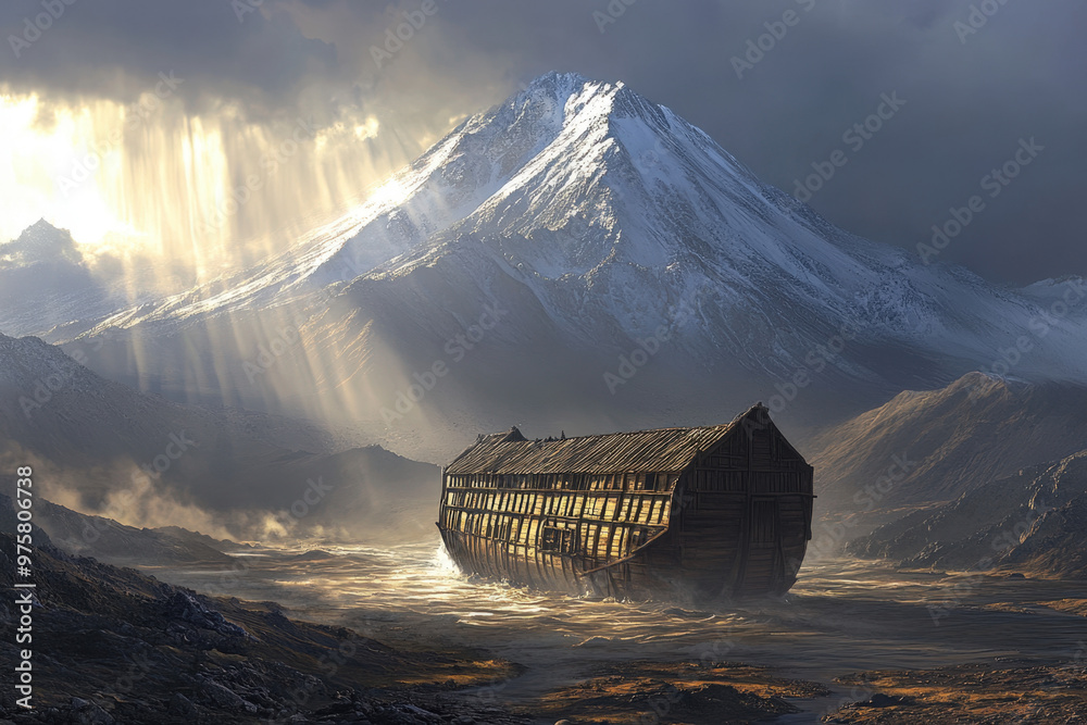 Sun rays shining through clouds over the peak of mount ararat with noah ...