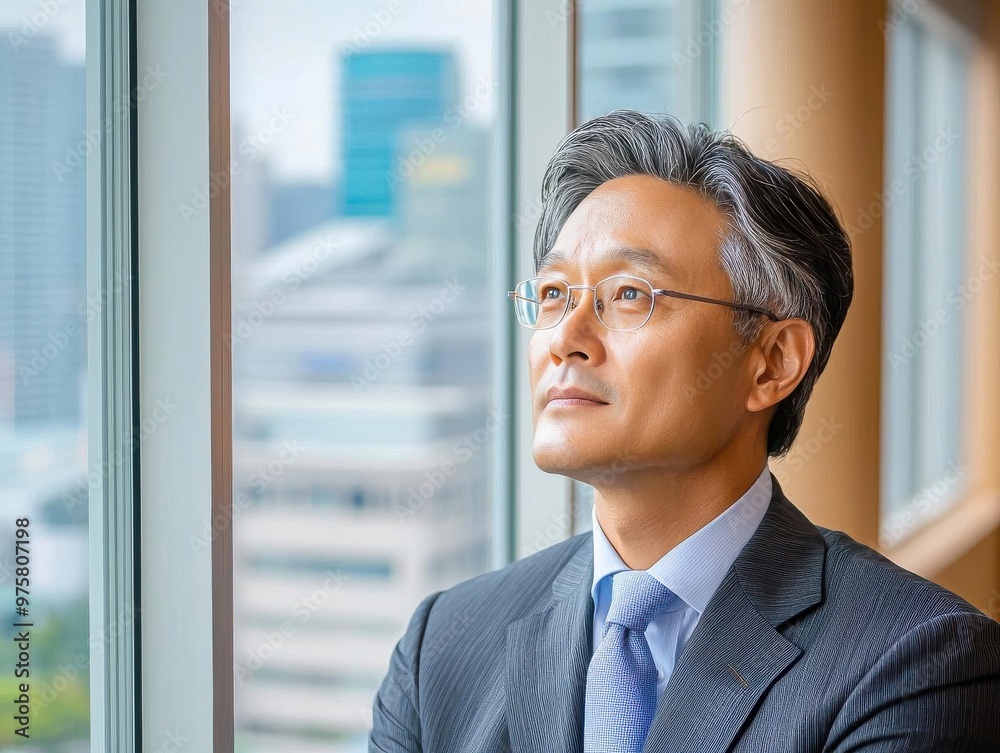 Illustrate an Asian business leader looking out a window, symbolizing ...