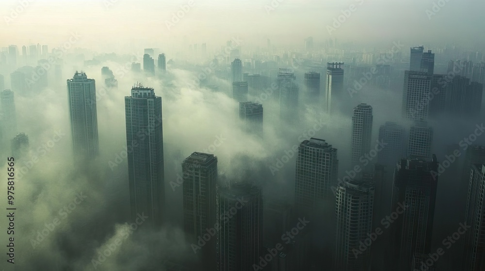 Tall buildings blanketed in smog and dust, as an aerial view captures ...